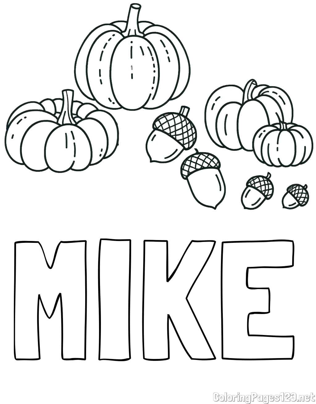 MIKE Coloring Page and Autumn Harvest Coloring Page - Acorns and Pumpkins
