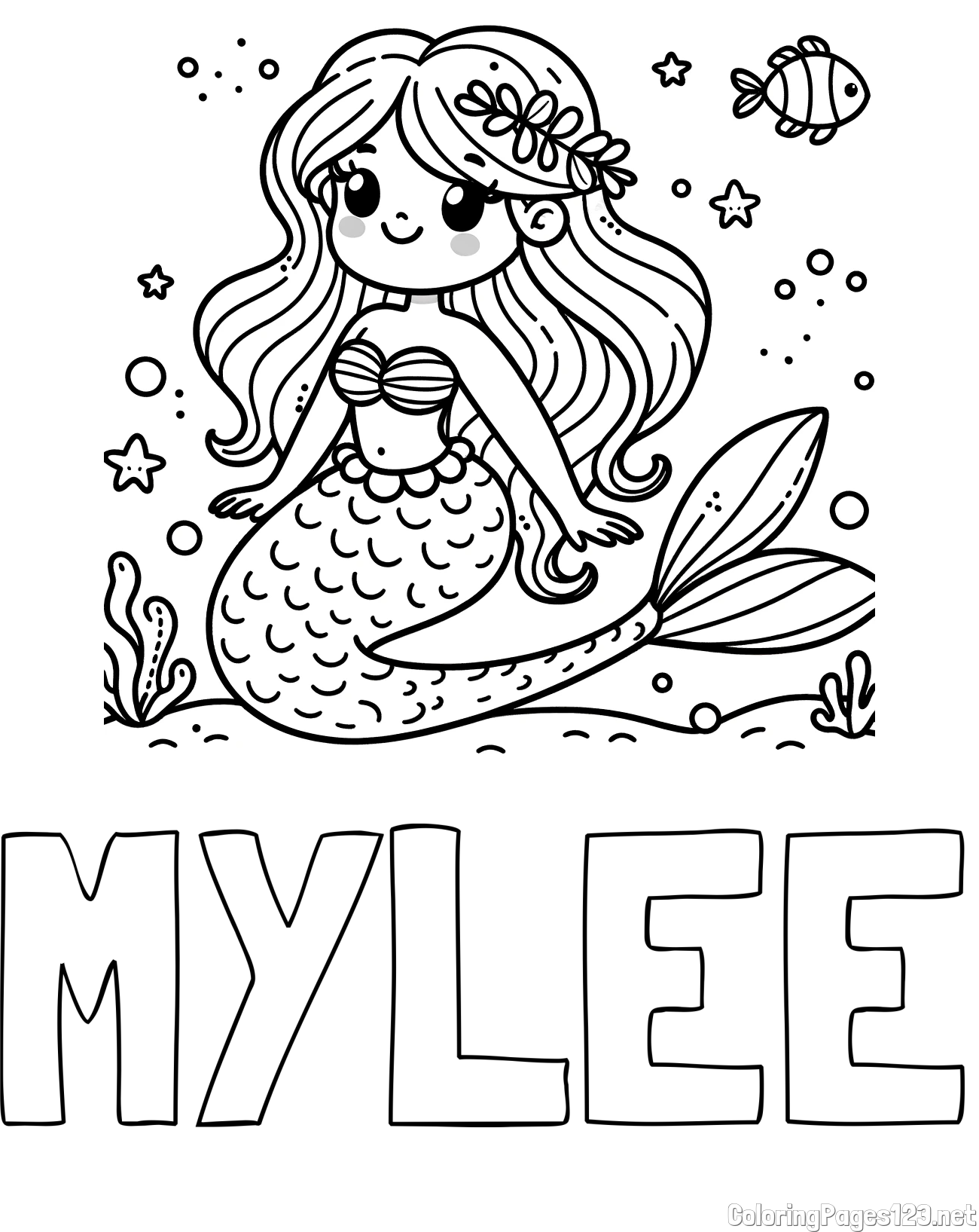 MYLEE Coloring Page and Coloring Page of a Cute Mermaid in the Sea