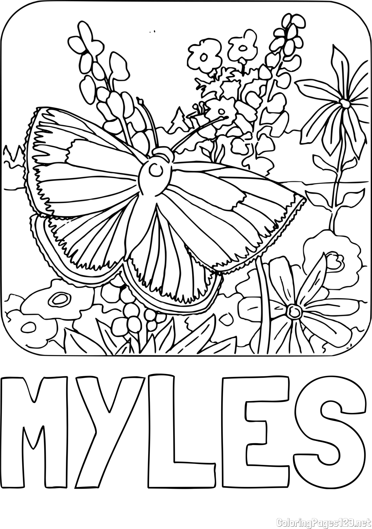 MYLES Coloring Page and Butterfly on Flower Coloring Page