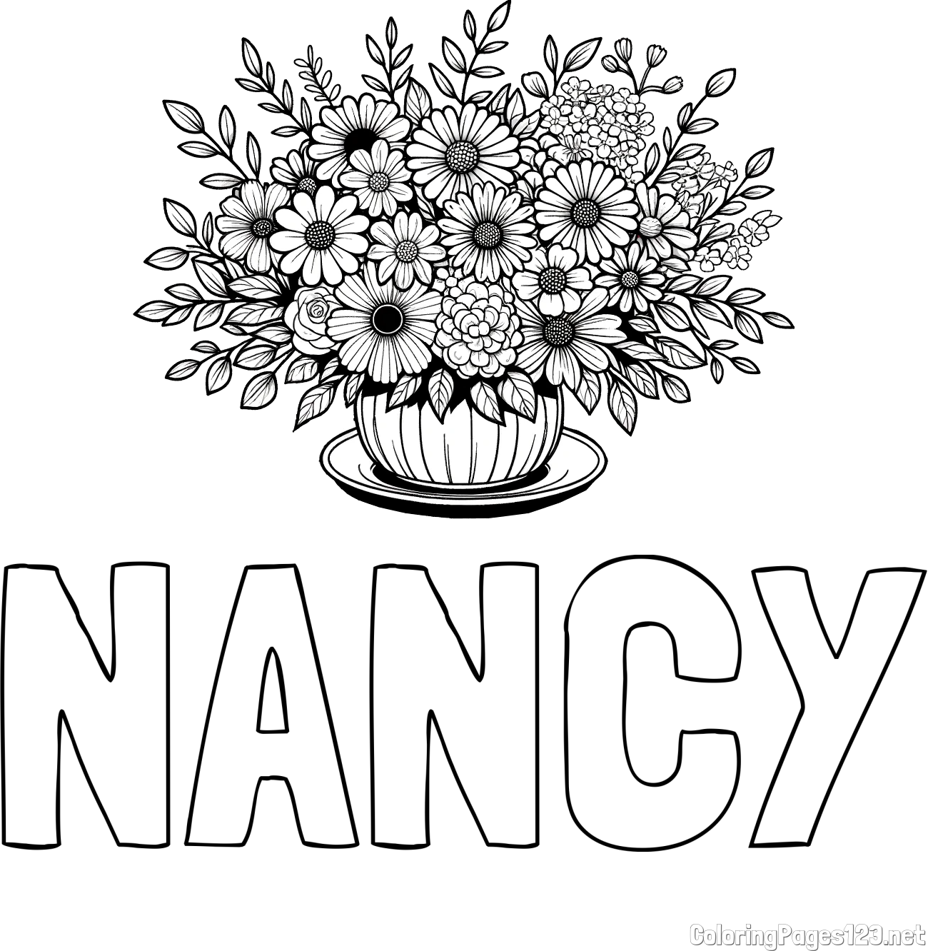 NANCY Coloring Page and Beautiful Bouquet of Flowers Coloring Page