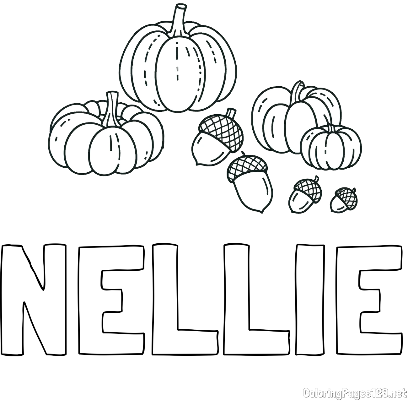 NELLIE Coloring Page and Autumn Harvest Coloring Page - Acorns and Pumpkins