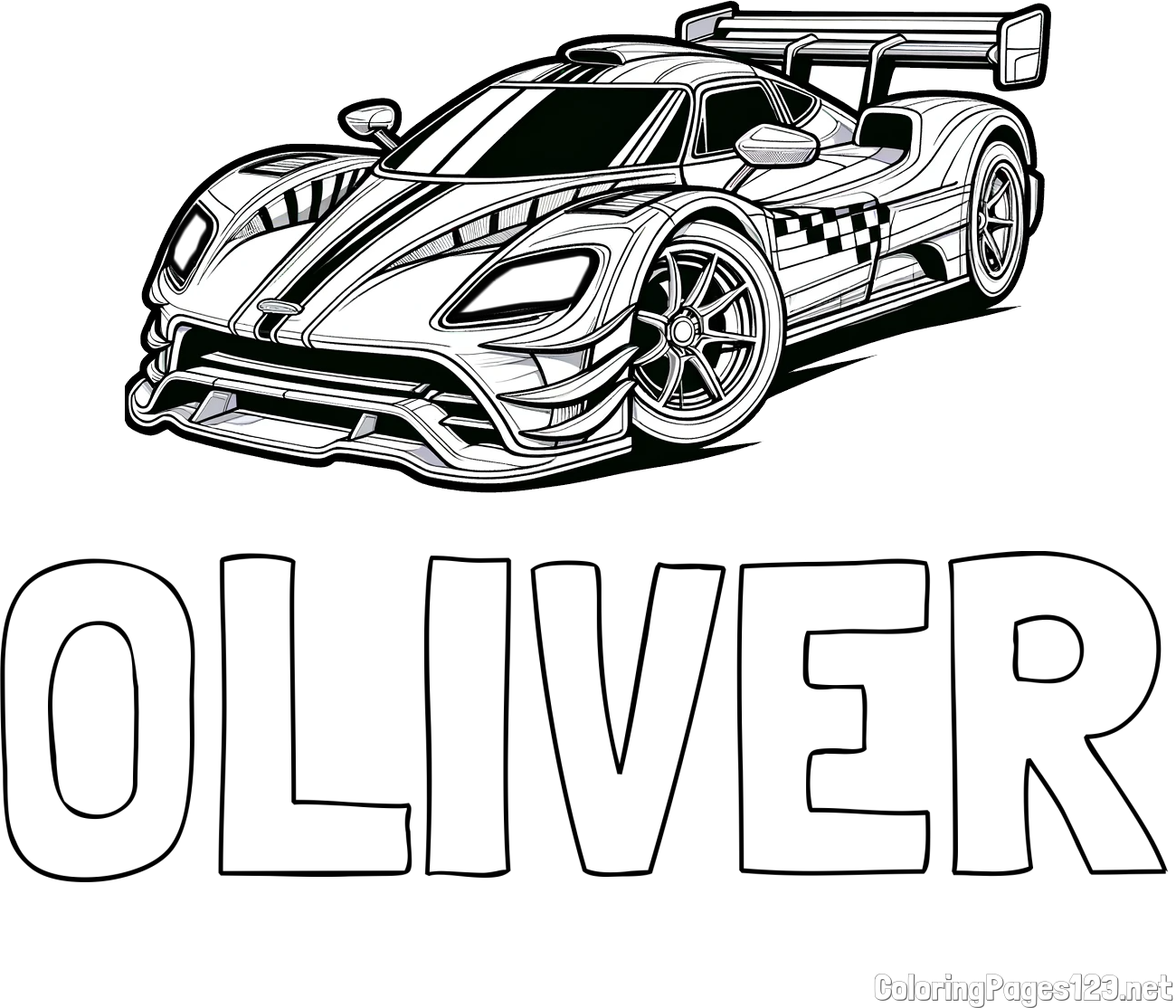 OLIVER Coloring Page and Coloring Page of a Futuristic Racing Car