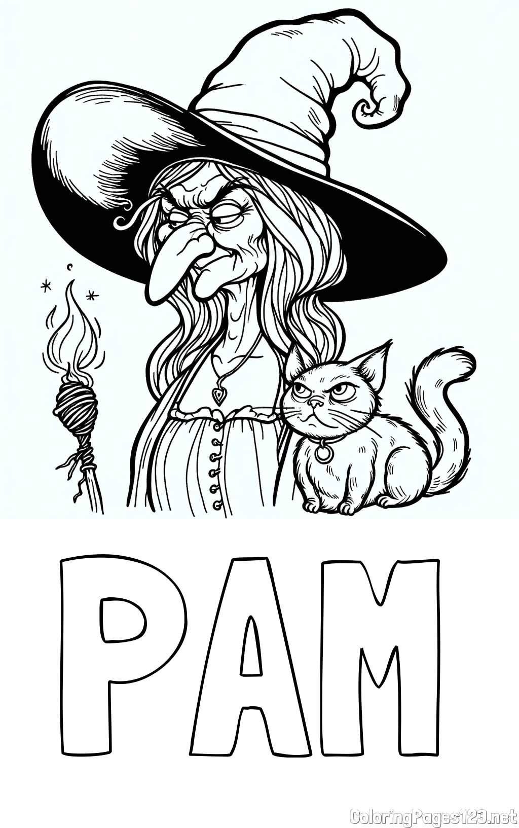 PAM Coloring Page and Coloring Page of an Evil Old Witch and a Cat