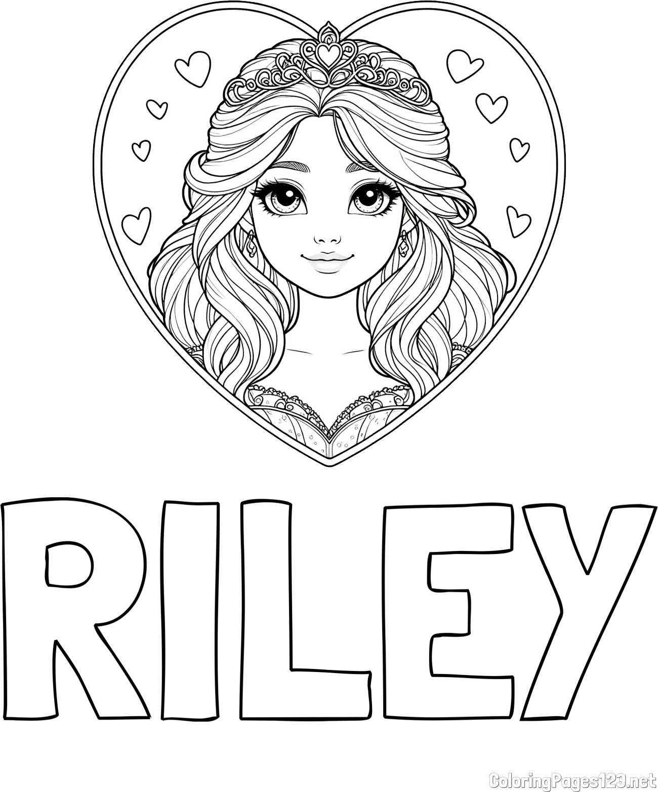 RILEY Coloring Page and Coloring Page of a Smiling Princess with Big ...
