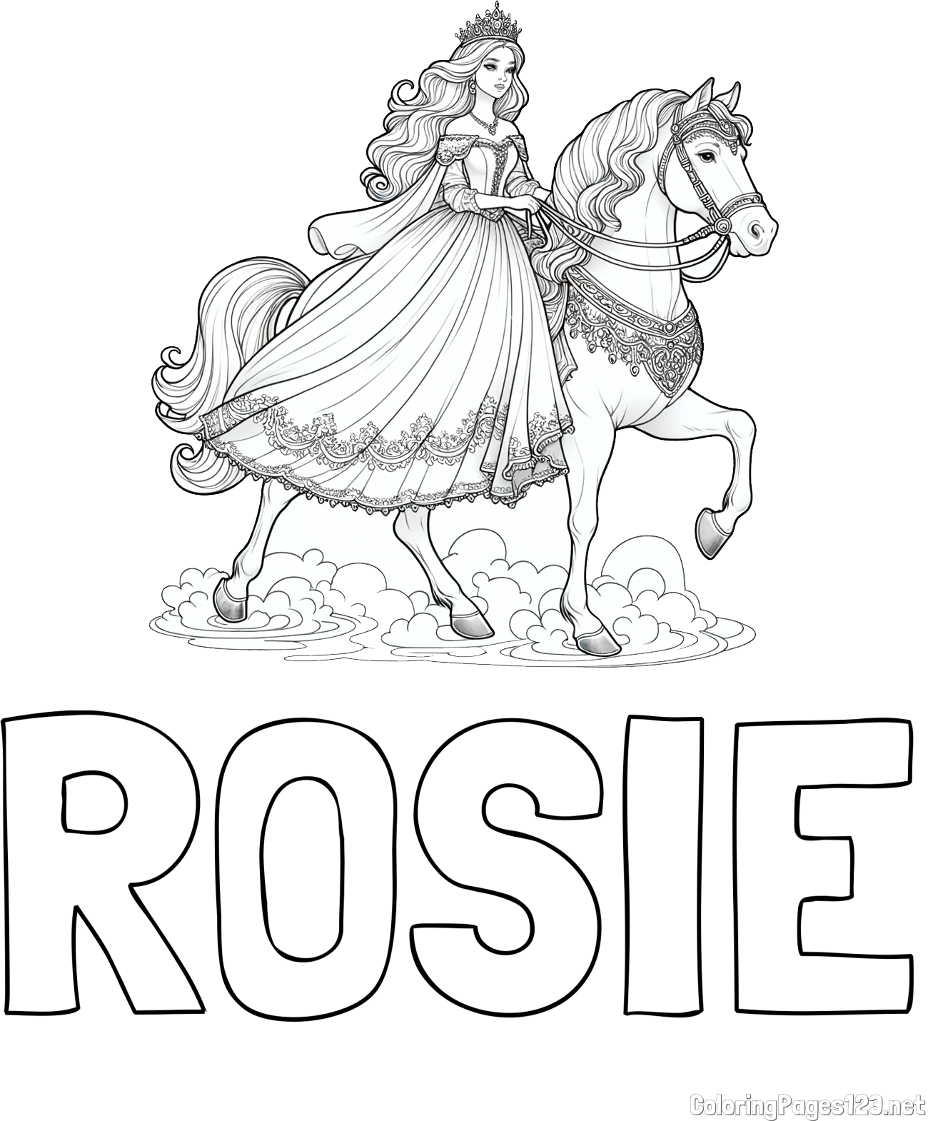 ROSIE Coloring Page and Coloring Page of a Princess on a Horse (realistic)