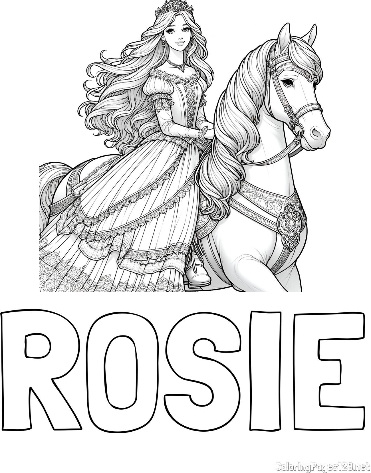ROSIE Coloring Page and Coloring Page of a Princess Riding a Horse