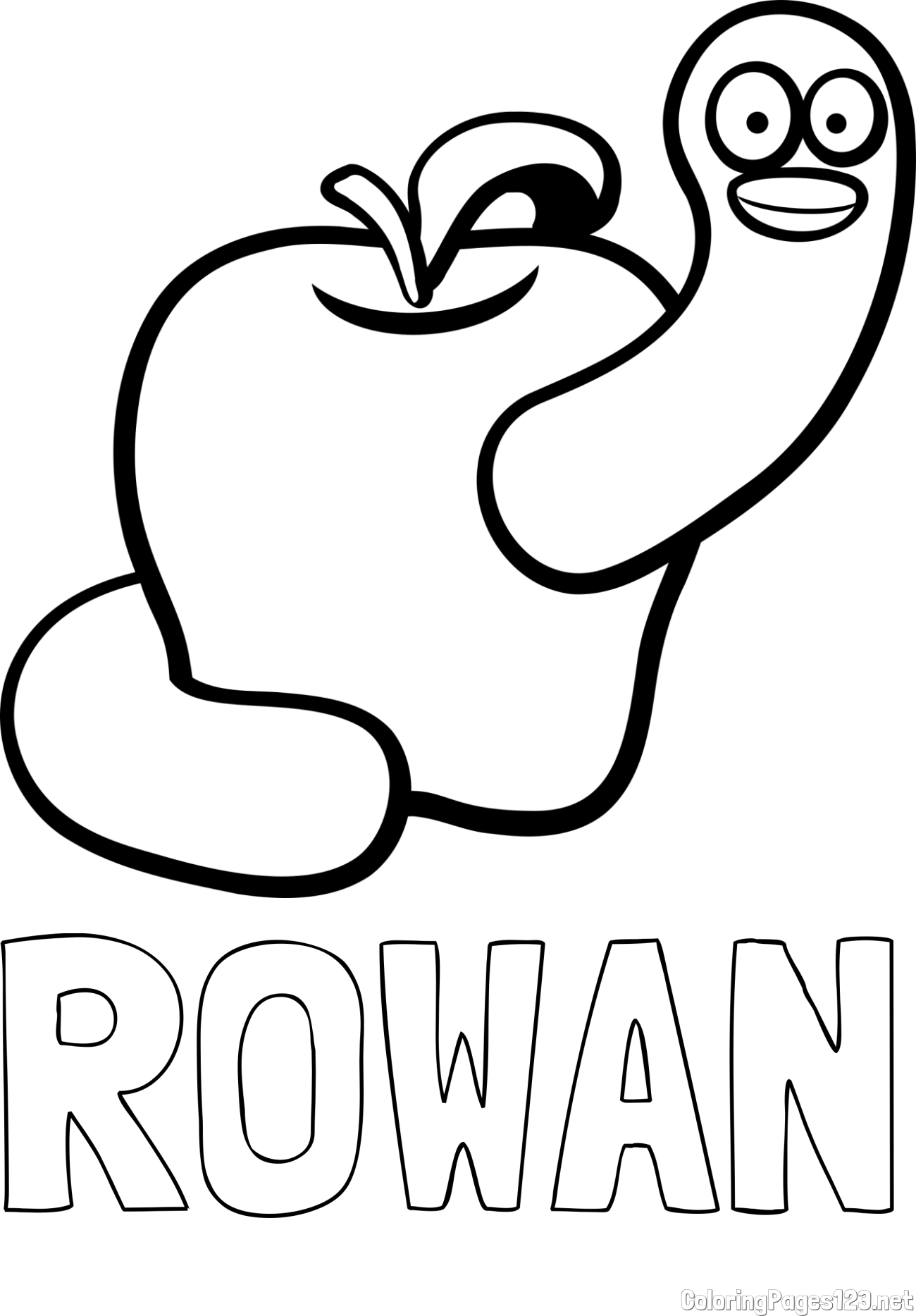 ROWAN Coloring Page and Apple and Smiling Worm Coloring Page