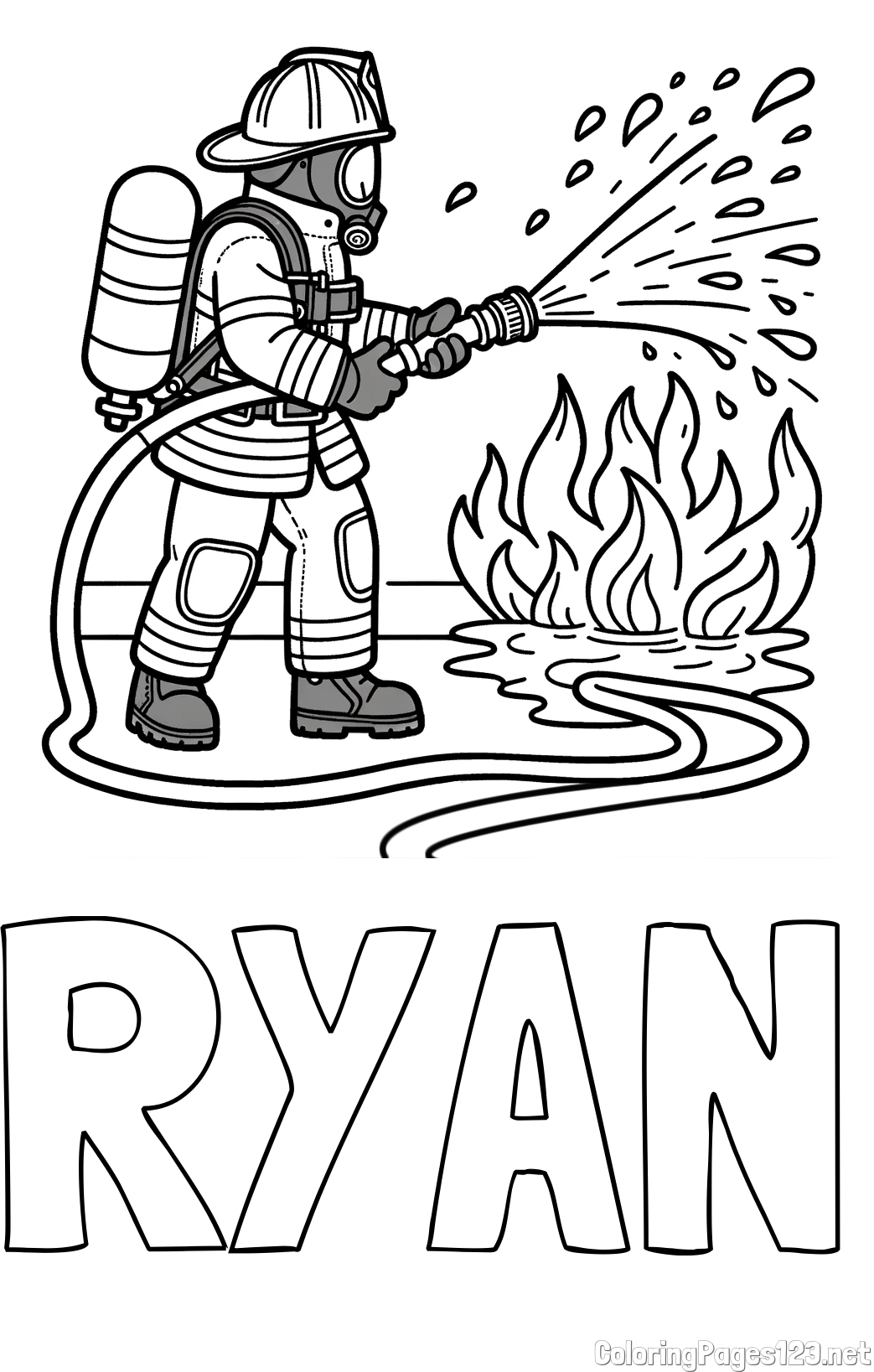 RYAN Coloring Page and A coloring page of a firefighter and a big fire