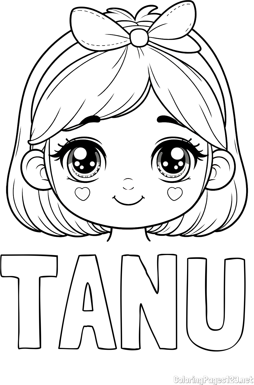 TANU Coloring Page and Cute Girl Face with Bow in Hair Coloring Page