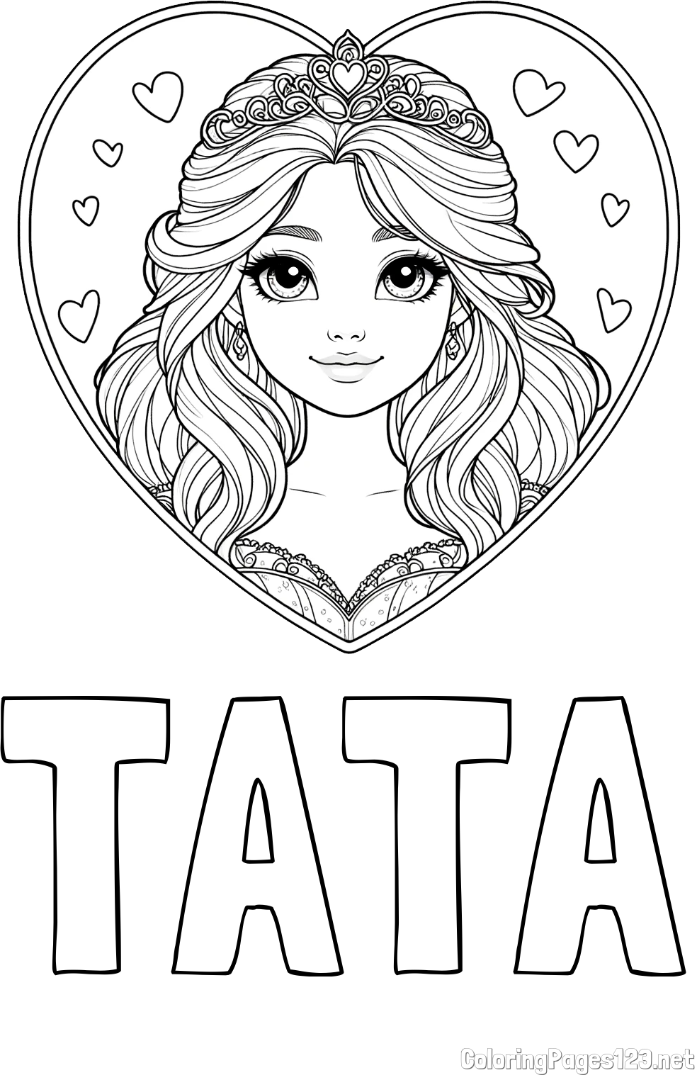 TATA Coloring Page and Coloring Page of a Smiling Princess with Big ...