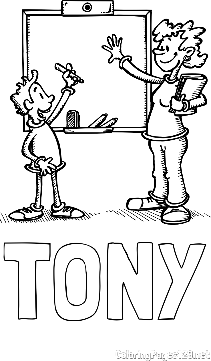 TONY Coloring Page and School Coloring Page of a Teacher and a Student