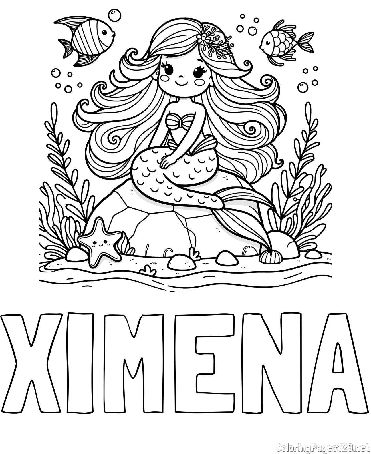 XIMENA Coloring Page and Coloring Page of a Cute Little Mermaid